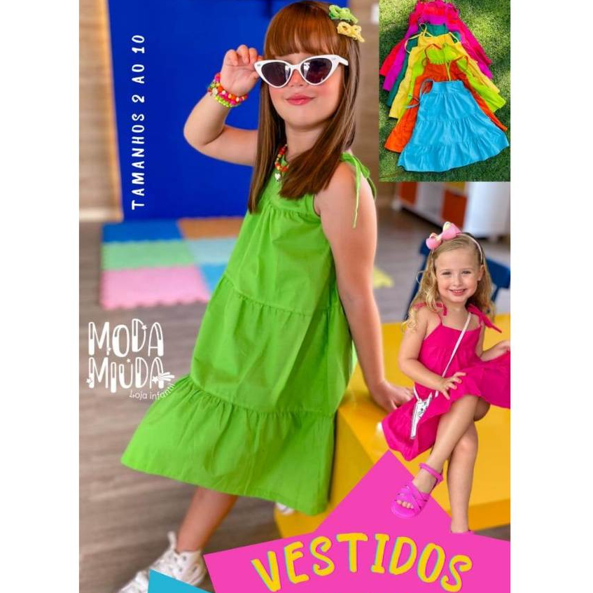 💗 Vestido infantil Verde ou Rosa Pink menina verão lisa leve e solto ...
