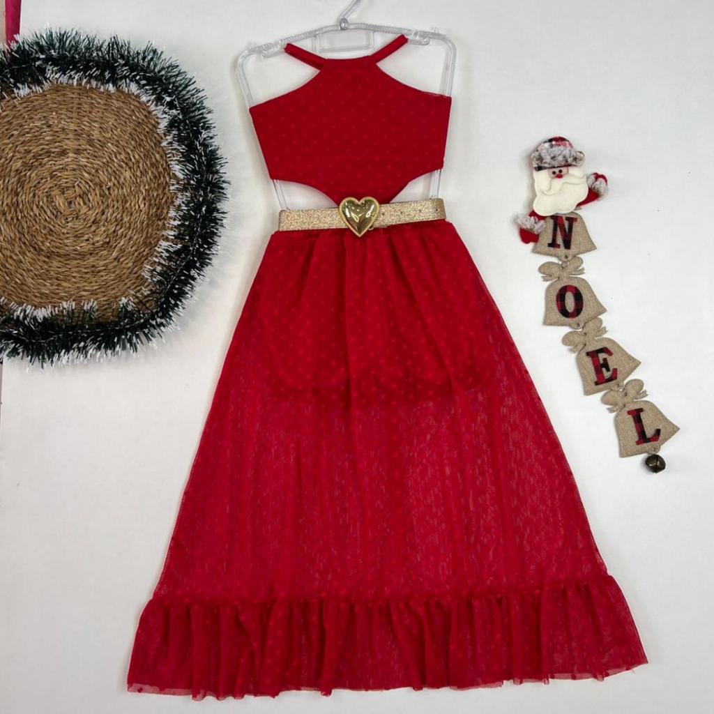 Vestido Longo Infanto Juvenil Festas Natal Com Cinto Moda Blogueirinha ...