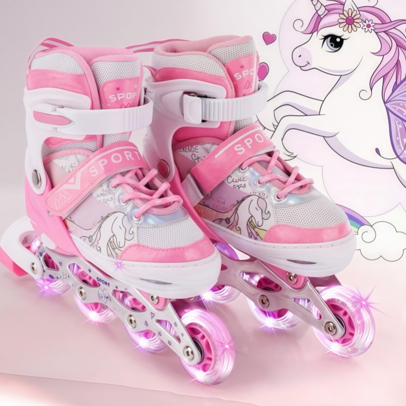 Patins Infantil Roller Inline Rosa Unicornio Ajustável Com Luz De Led ...