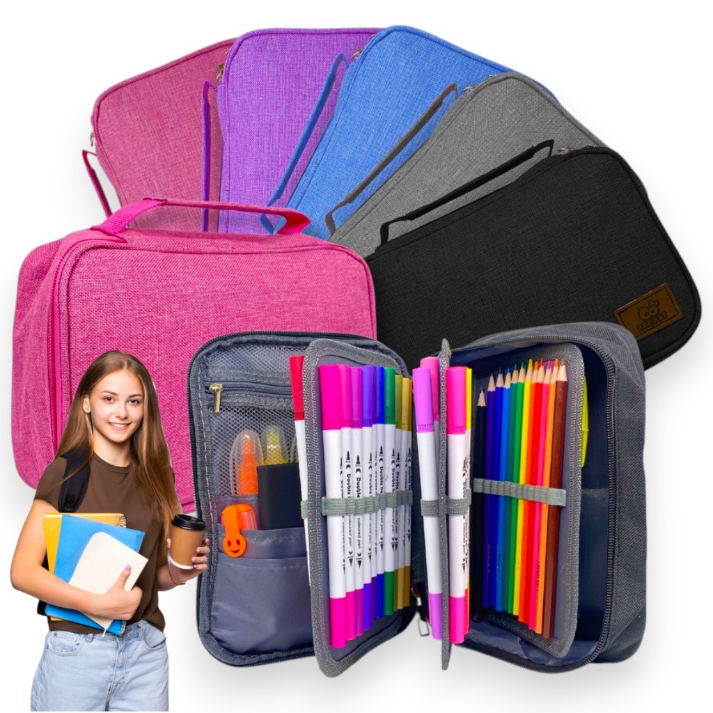 Estojo Escolar Feminino Masculino Box Juvenil Martelasse Estojo Escolar Organizador Grande Jumbo ...