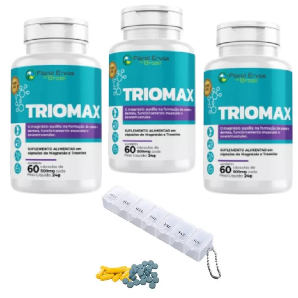 Kit 3 Triomax Magnésio Treonato Dimalato Quelato Cloreto Pa C/ Porta Cápsulas Comprimidos ...