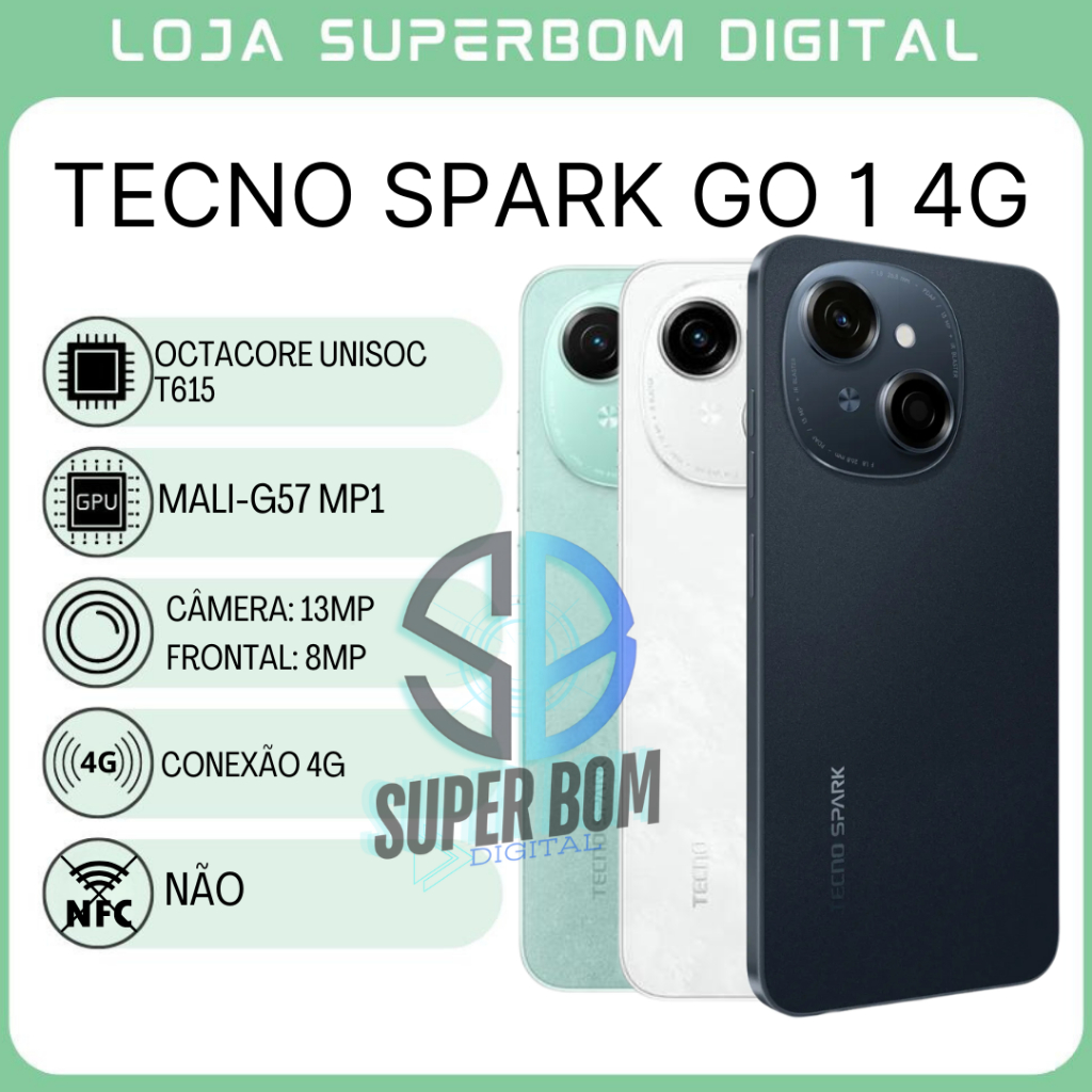 Tecno Spark Go 1 4G, 64GB e 3GB RAM, Processador Unisoc T615, Bateria 5000MAH, VERSÃO GLOBAL ...
