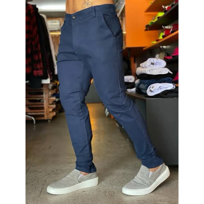 calça de sarja azul marinho masculina para eventos casuais/trabalho ...