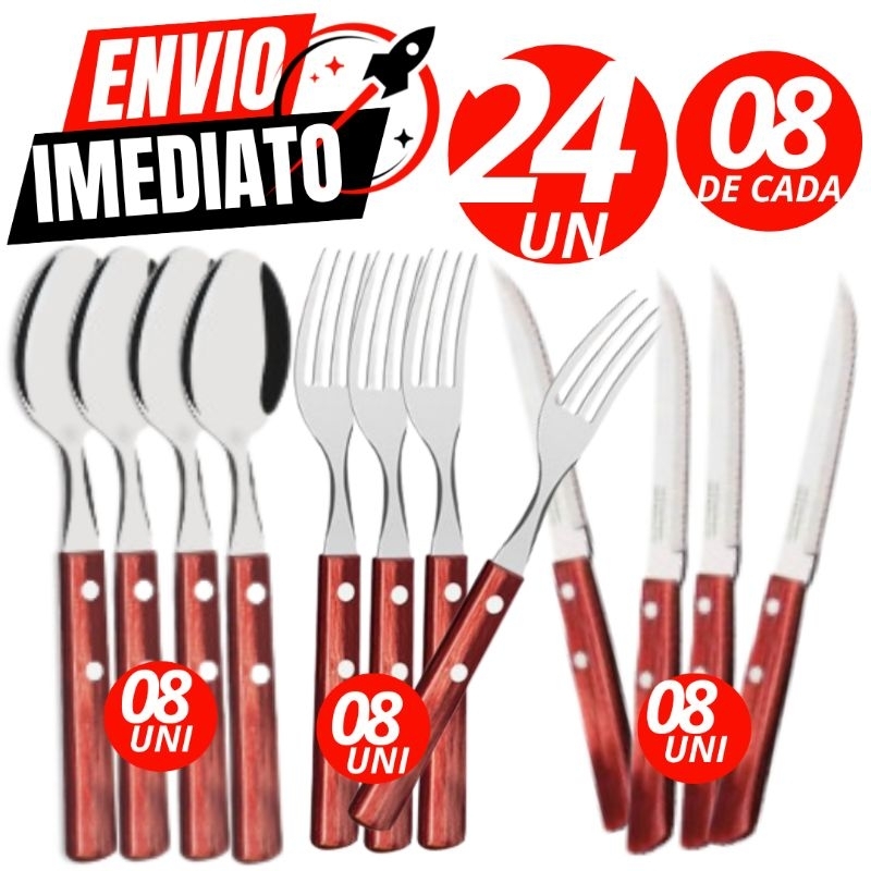 Conjunto 24 Talheres de Inox cabo de Madeira Premium Alta Qualidade ...