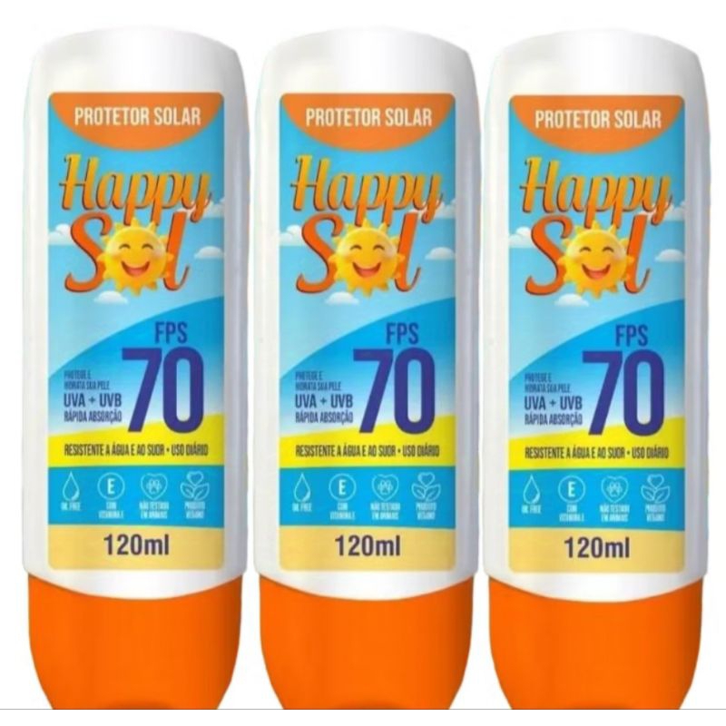 Kit Com 3 Protetor Solar Happy Sol 120Ml 70 FPS | Shopee Brasil