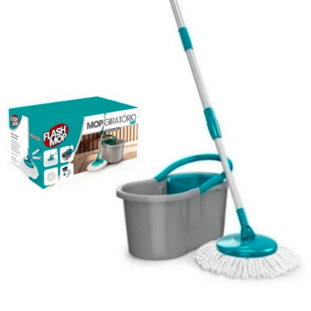 Mop Giratório 360° 8L + 2 Refis Cesto Esfregão Limpeza Flash Mop Balde ...