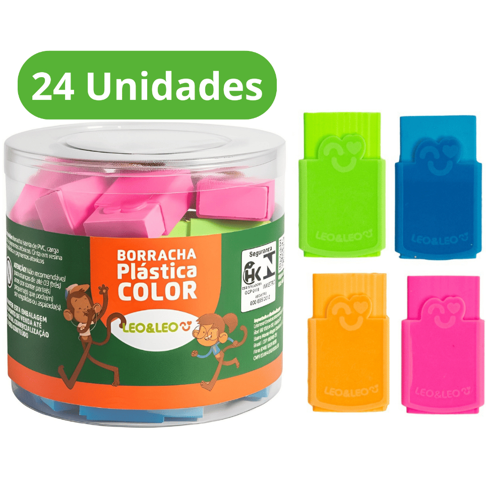 Borracha Plástica Escolar Colorida Quadrada 24 Unidades Leonora Leo&Leo ...