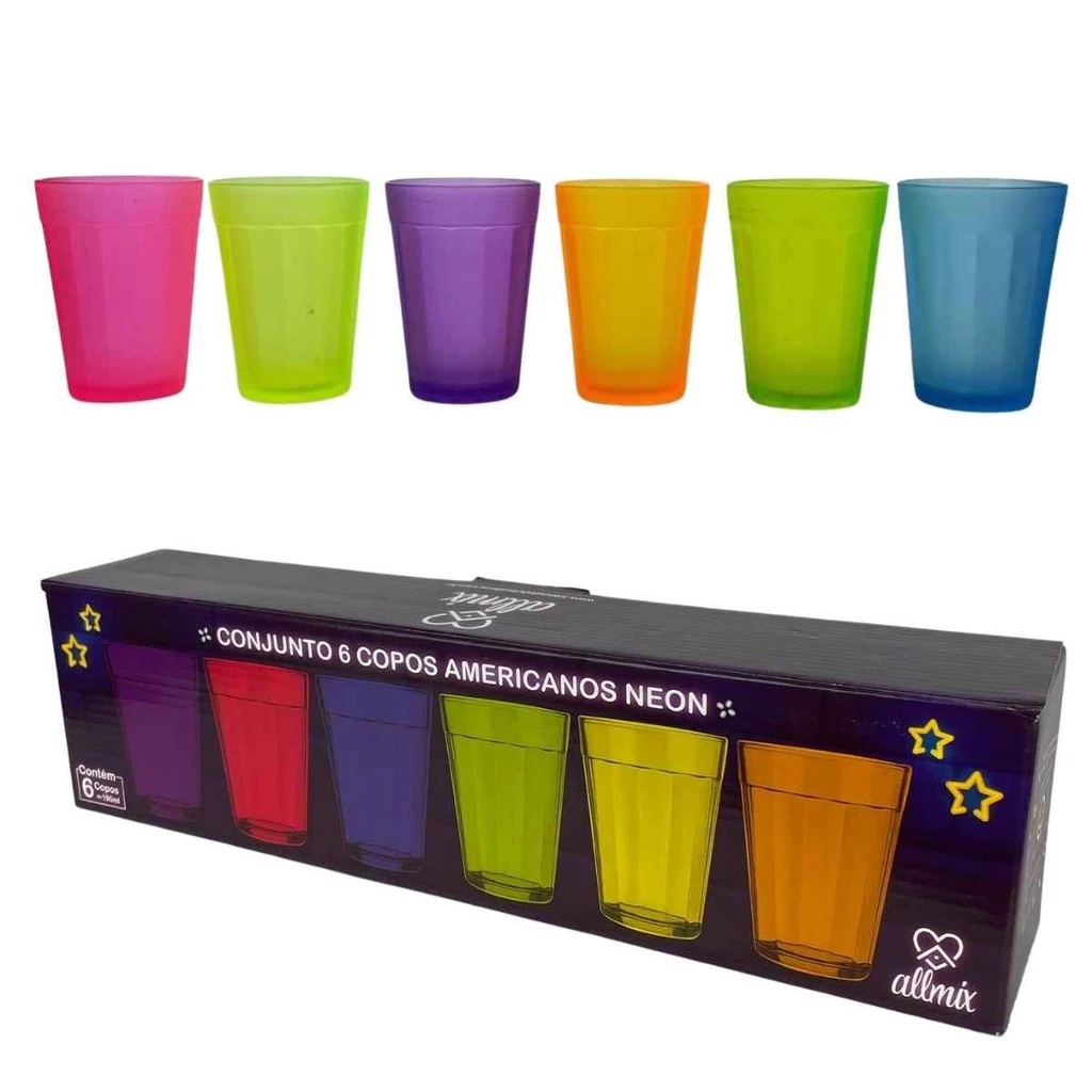 Jogo Conjunto 6 Copos Americanos Neon 190mL Vidro Nadir Figueiredo Coloridos Diversas Cores ...