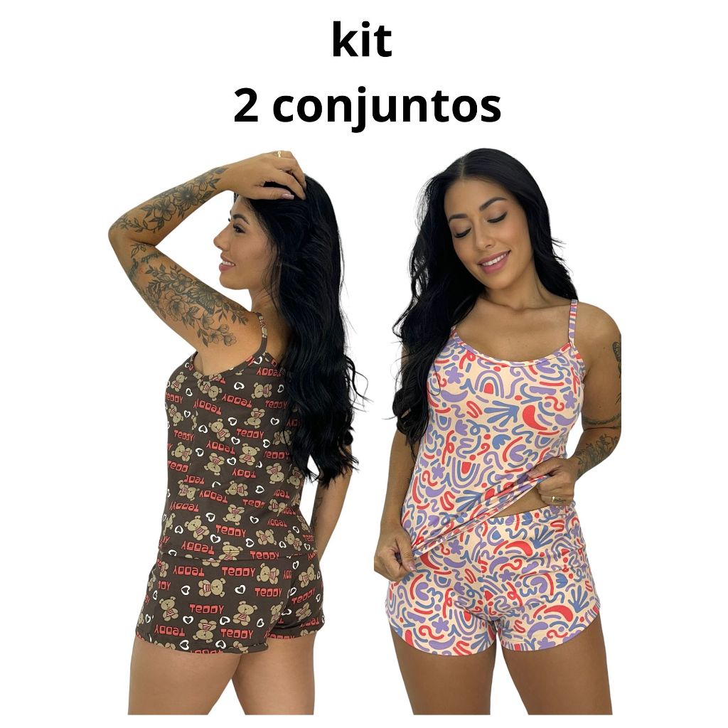 kit conjuntos short doll feminino com alcinha toque suave malha suede ...