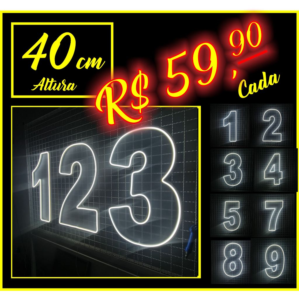 Painel Led Neon Números 40cm Altura 0 /9 Acrílico Cristal com base ...