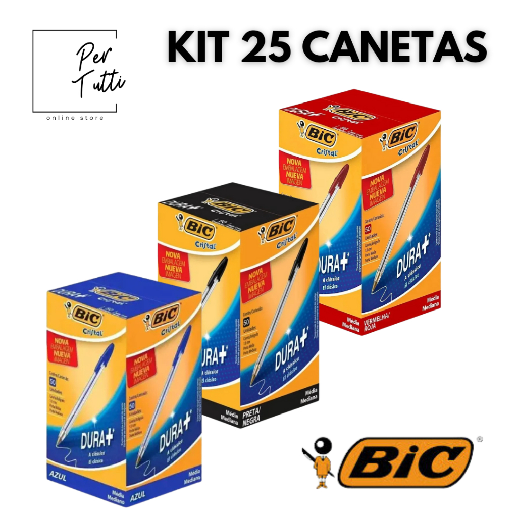 Kit Caneta BIC 25 und - Azul, Preta ou Vermelha - Esferográfica 1,0mm - Ponta Média | Shopee Brasil