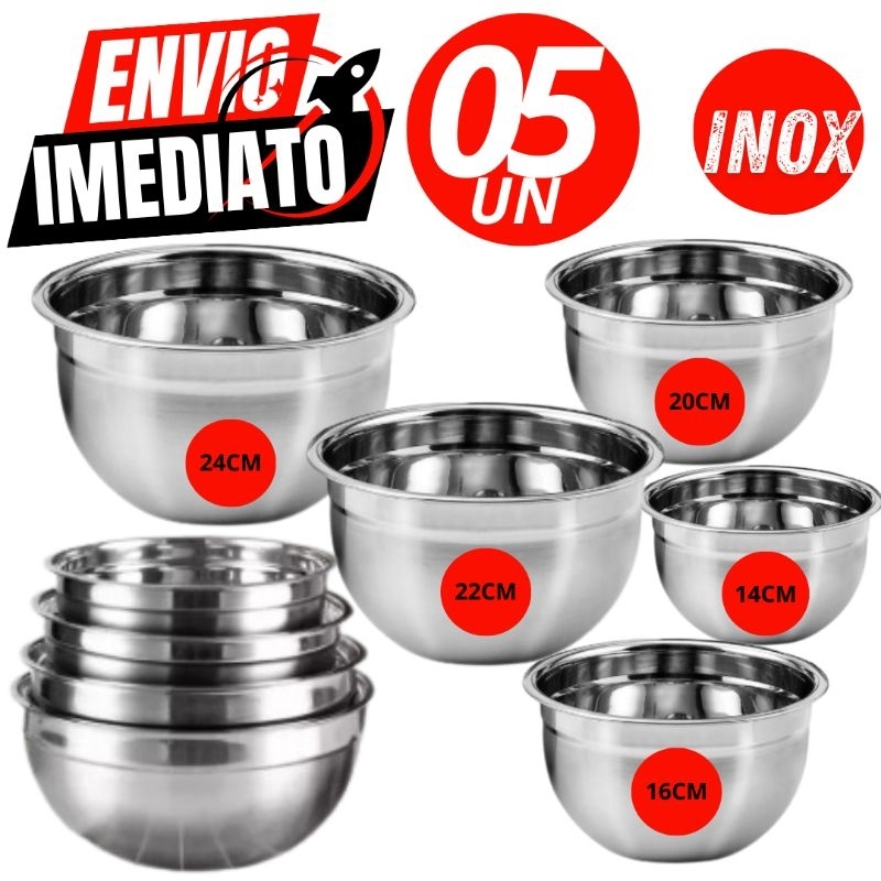 Kit Com 5 Tigelas Bowls Em Aço Inox De Excelente Qualidade | Shopee Brasil
