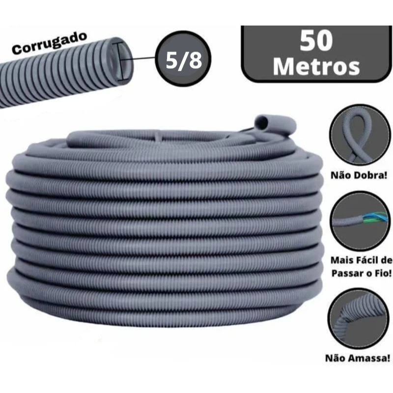 Conduite Eletroduto Corrugado Cinza 5/8 50 Metros Reforçado PEAD Alta ...
