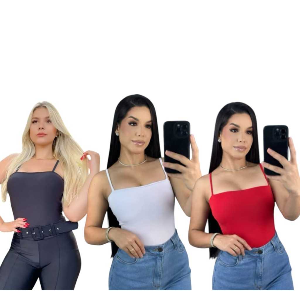 Kit 3 BODY SUPLEX Feminino Decote Reto com Forro duplo Regata Alça Fina ...