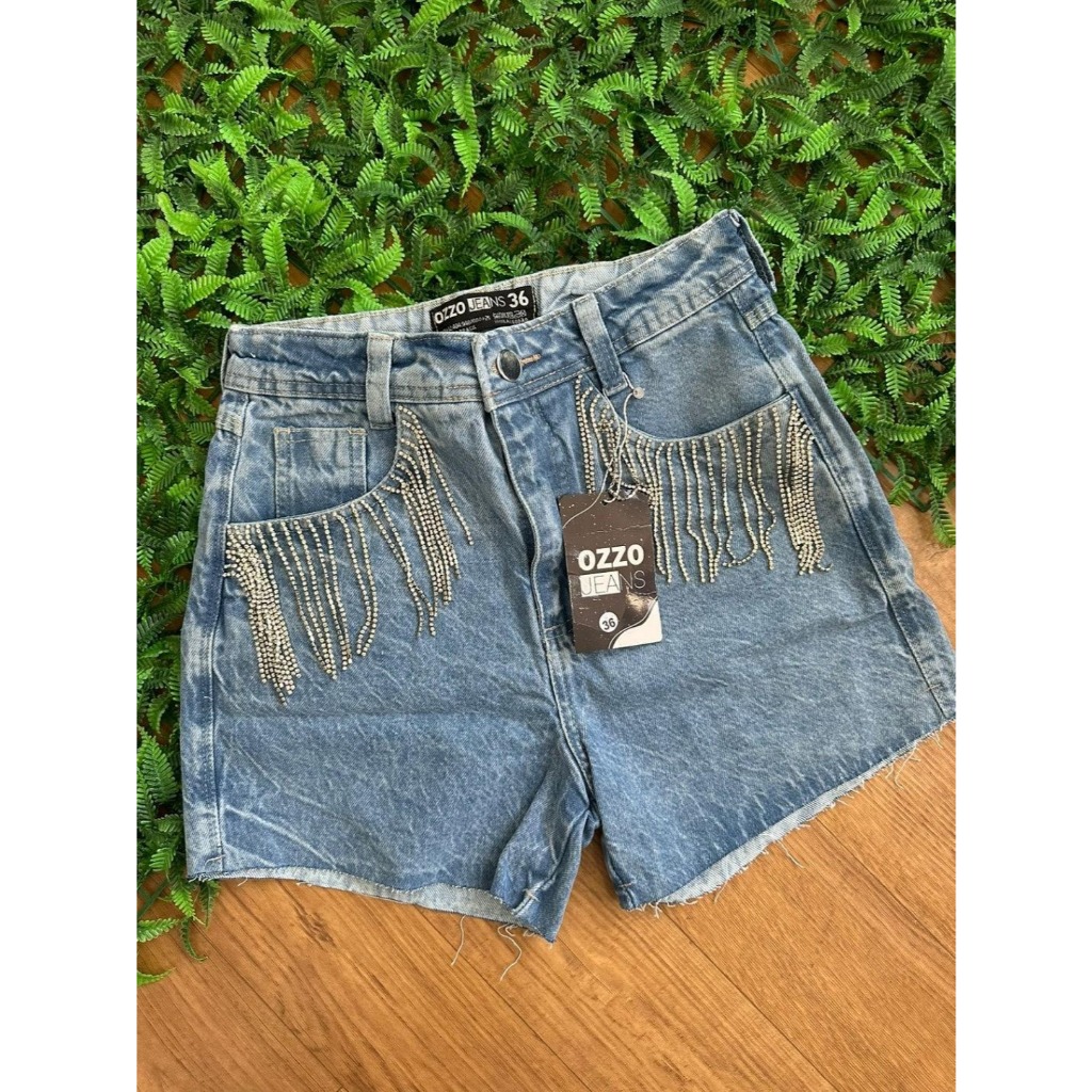 Shorts mom jeans com franja strass cod: 081-1A | Shopee Brasil