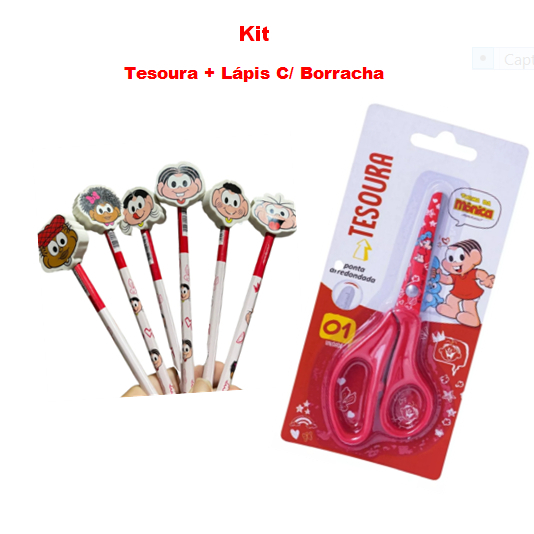 Tesoura Escolar C/ Ponta Arredondada + 1 Lápis C/Borracha Turma Da ...
