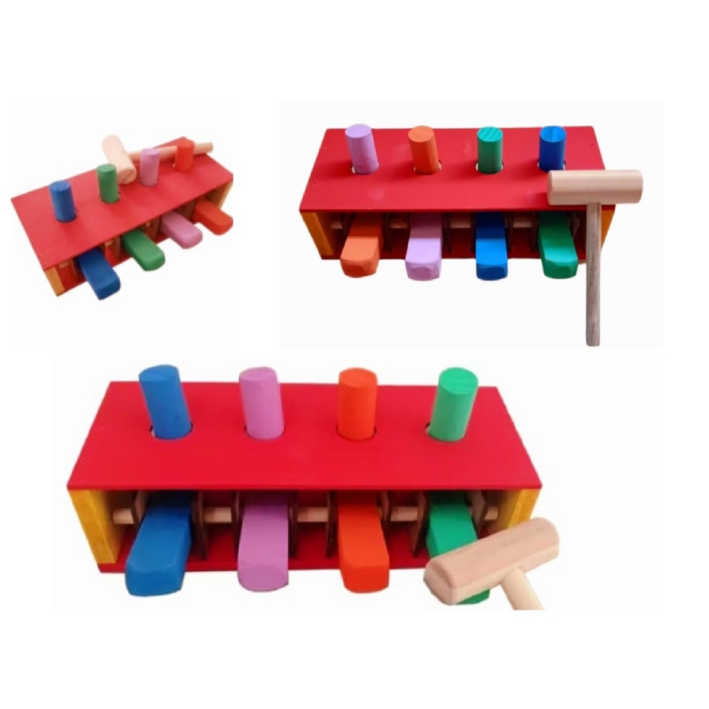 Brinquedo Pedagógico Educativo Em Madeira Bate Pino com Martelo Bate Pinos Infantil | Shopee Brasil