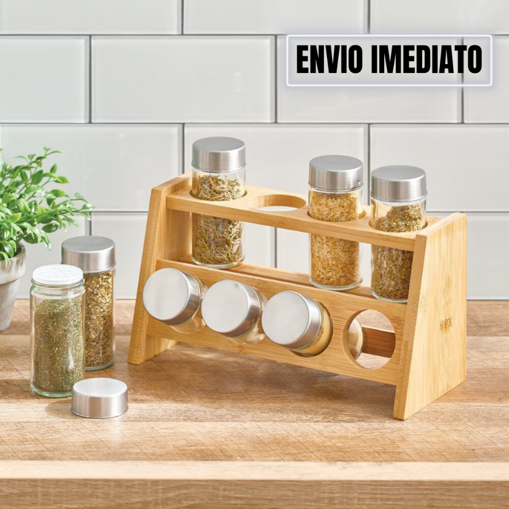 Kit Porta condimentos + 8 potes de Bambu 80ml Com Tampa De Bambu ...