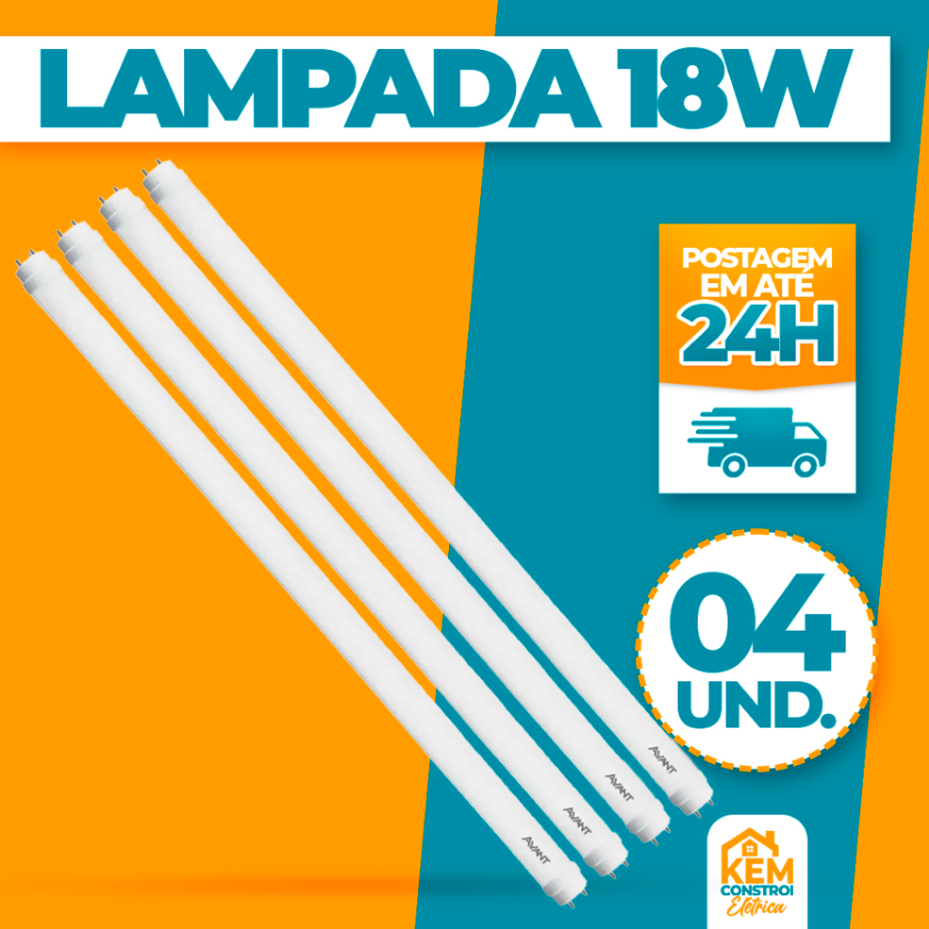 Kit 4 Lâmpada Led 18W T8 Tubular 6K Luz Branca Bivolt Avant | Shopee Brasil