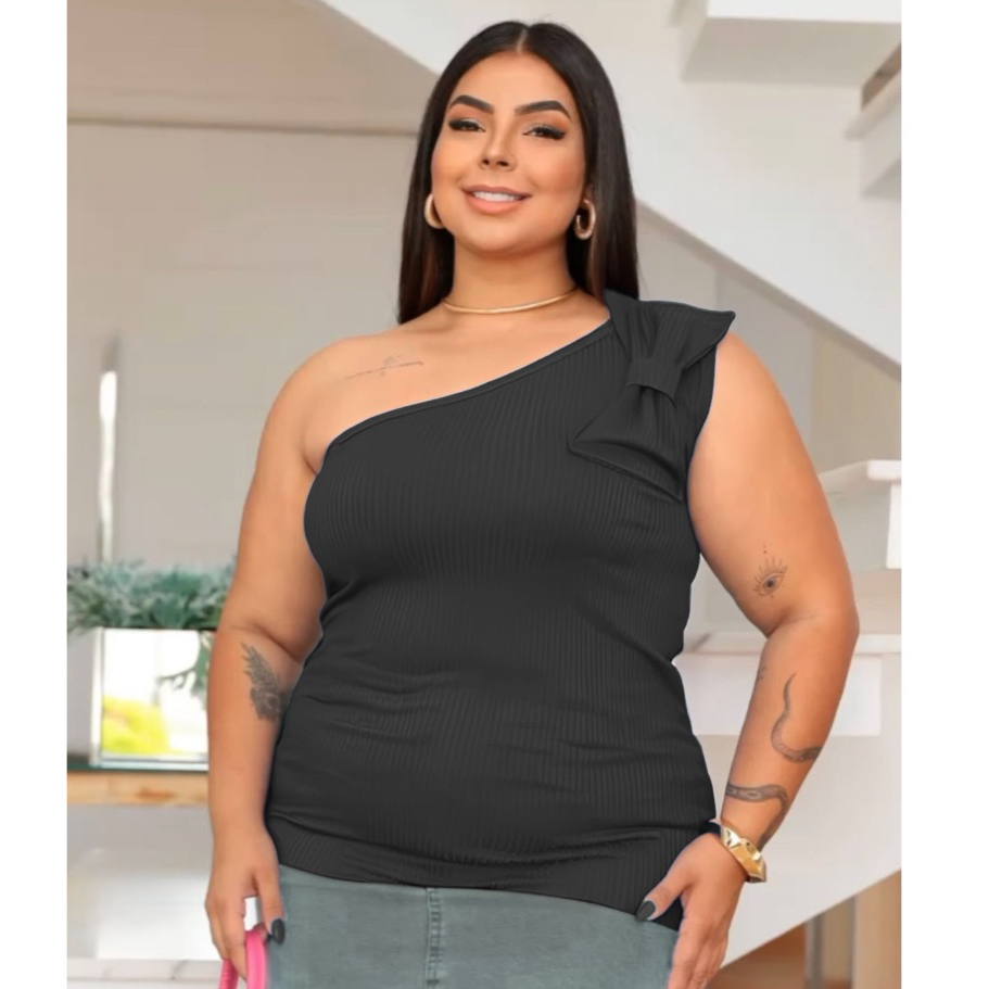 Blusa Feminina Plus Size Regata Mula Manca Canelado Com Elasticidade um ombro | Shopee Brasil
