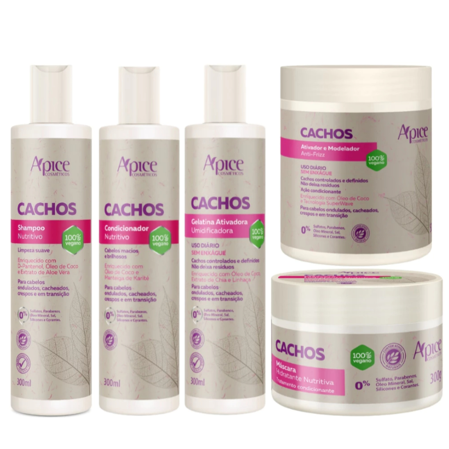 Kit Apse Cachos 5 itens Shampoo, Condicionador, Ativador, Mascara e Gelatina - Tratamento ...