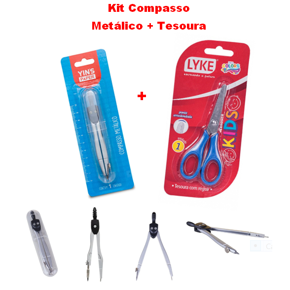 Kit Escolar Compasso Metálico + 1 Tesoura C/Ponta Redonda Yins Paper ...