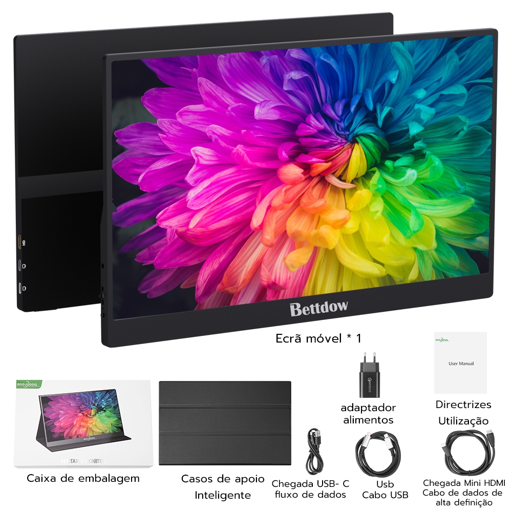 Bettdow Monitor Portatil 15.6 '' 1080P 144hz Full HD IPS Tela 4k ...