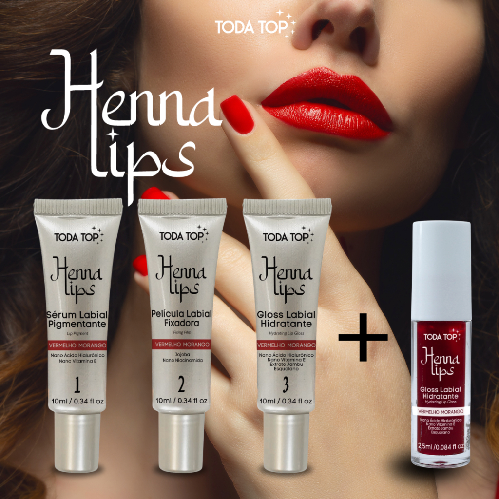 Henna Labial Vermelho + Gloss Toda Top - Kit Hidratação 40 aplicações ...