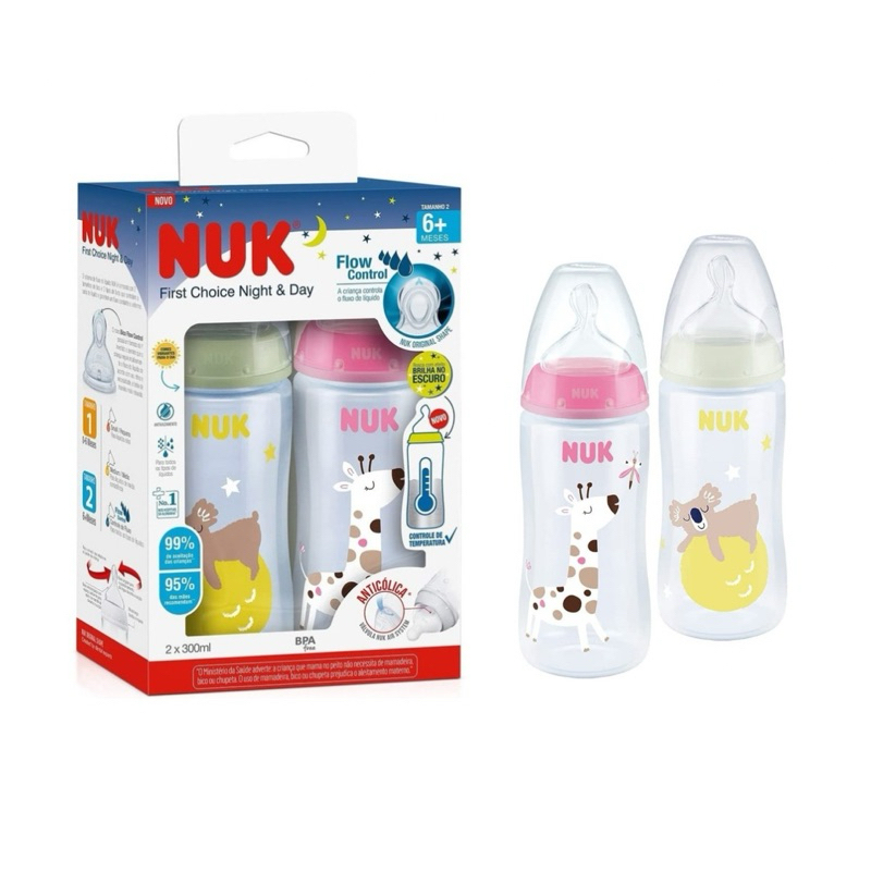 Kit 2 Mamadeiras Dia e Noite Nuk 300ml 6+ Com controle de temperatura Brilha no escuro Menina ...