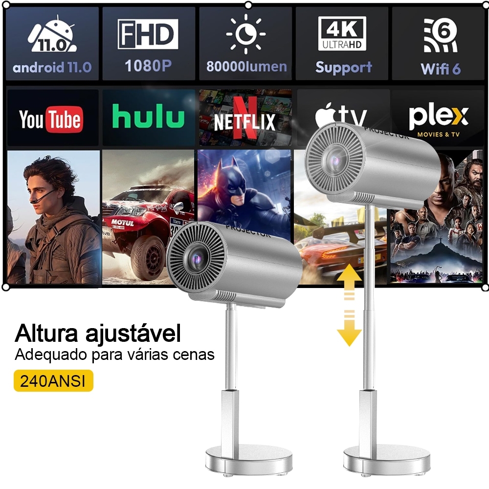 Projetor 4K HD Altura Ajustável,Tv B0x, Xbox, PS, Pc, Wifi 6 e ...