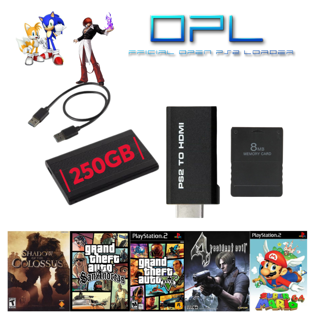 HD EXTERNO250 GB PARA PS2 OPL COM MEMORY CARD E ADAPTADOR HDMI PARA PS2 ...
