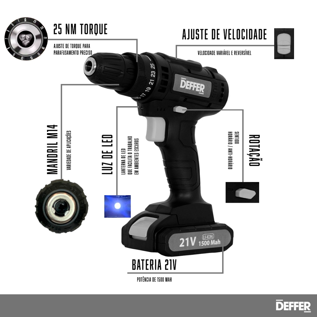 Parafusadeira e Furadeira a Bateria 21V Com Maleta e Kit Brocas e Bits ...