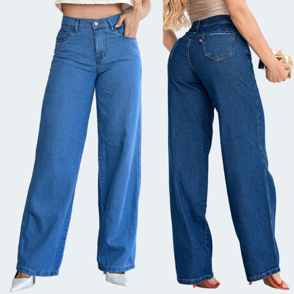 Calsa Jeans Feminina Wide Leg pantalona Cintura Alta Cos altoTecido 100 ...