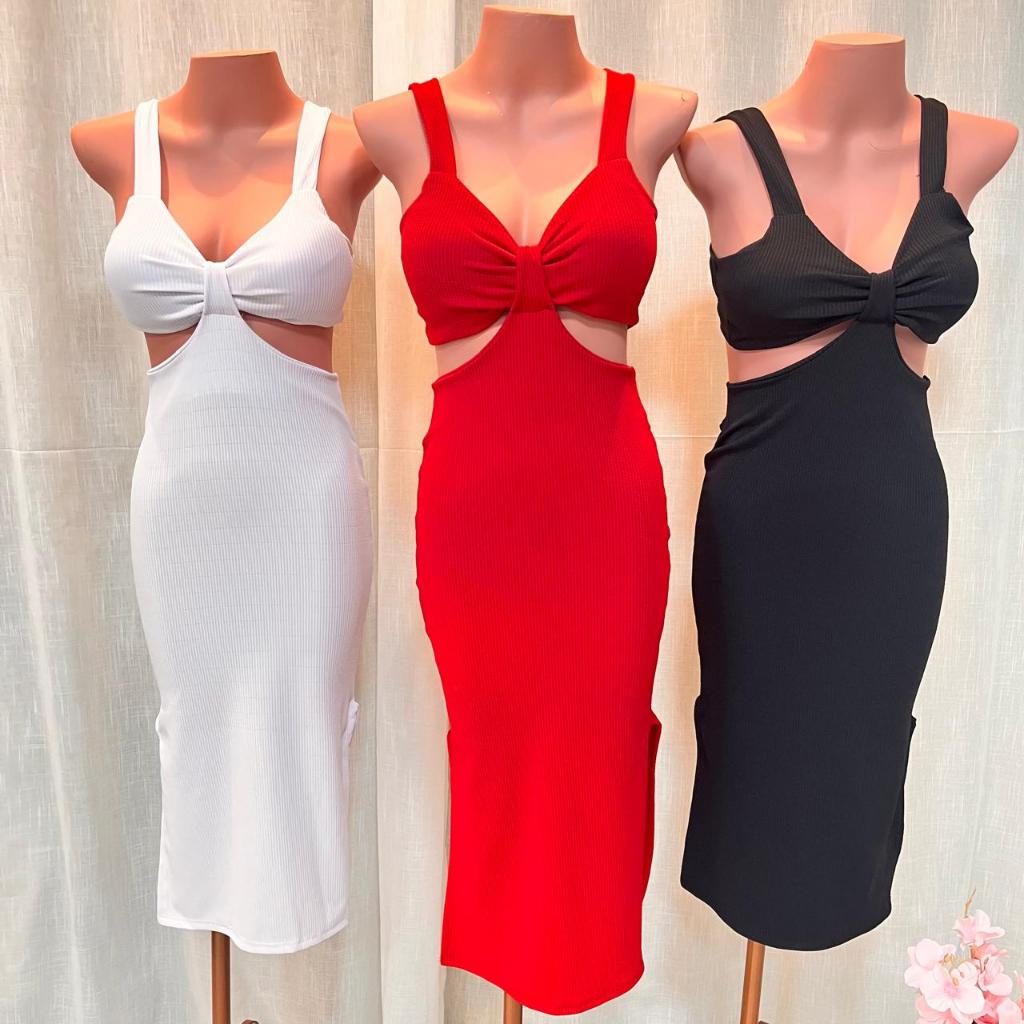 Vestido Feminino Colado Midi Tubinho Canelado Decote Modinha Blogueira ...