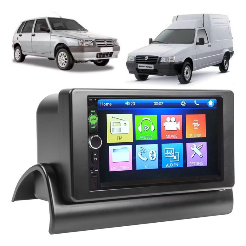 Central Multimidia Uno Mille Fiorino com moldura Espelhamento Bluetooth Android IOS + câmera de ...