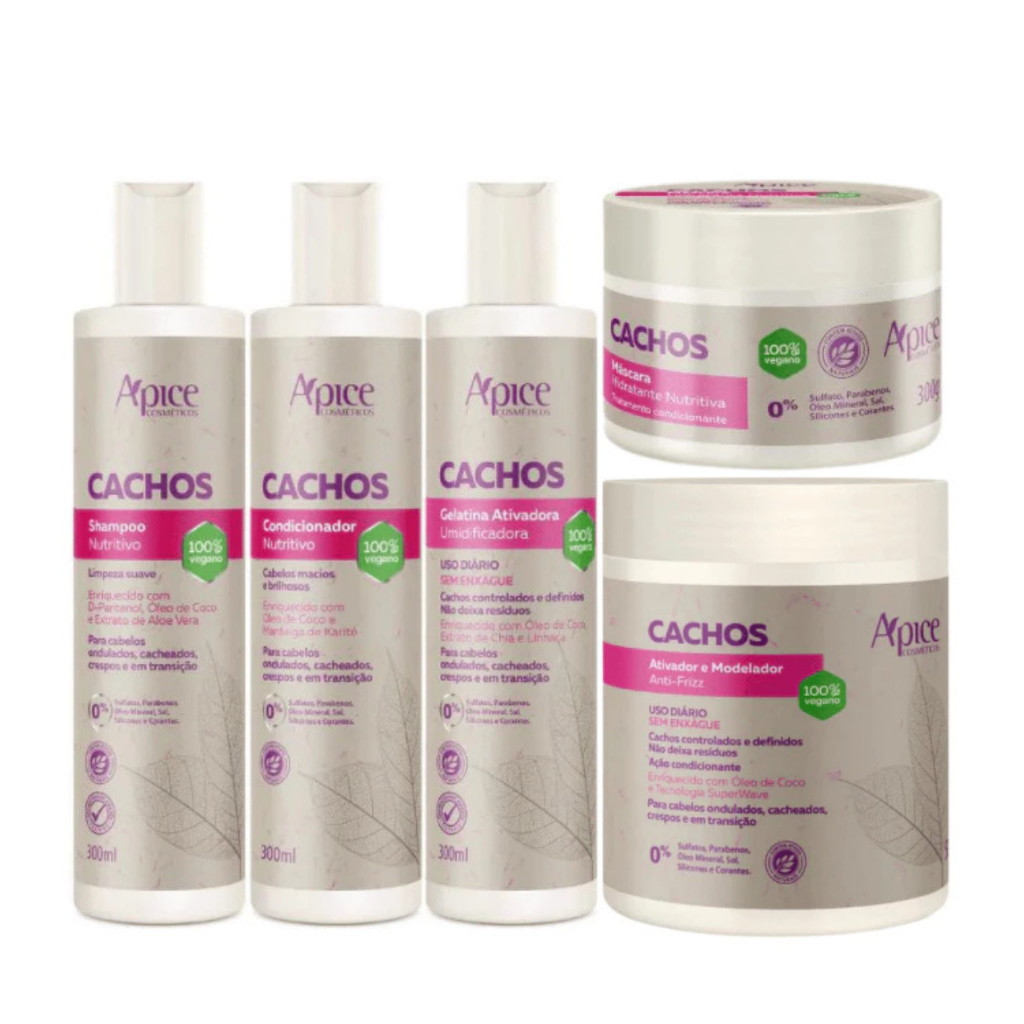 Apse Cachos Kit Shampoo, Condicionador, Máscara, Gelatina e Ativador - 5 Itens | Shopee Brasil