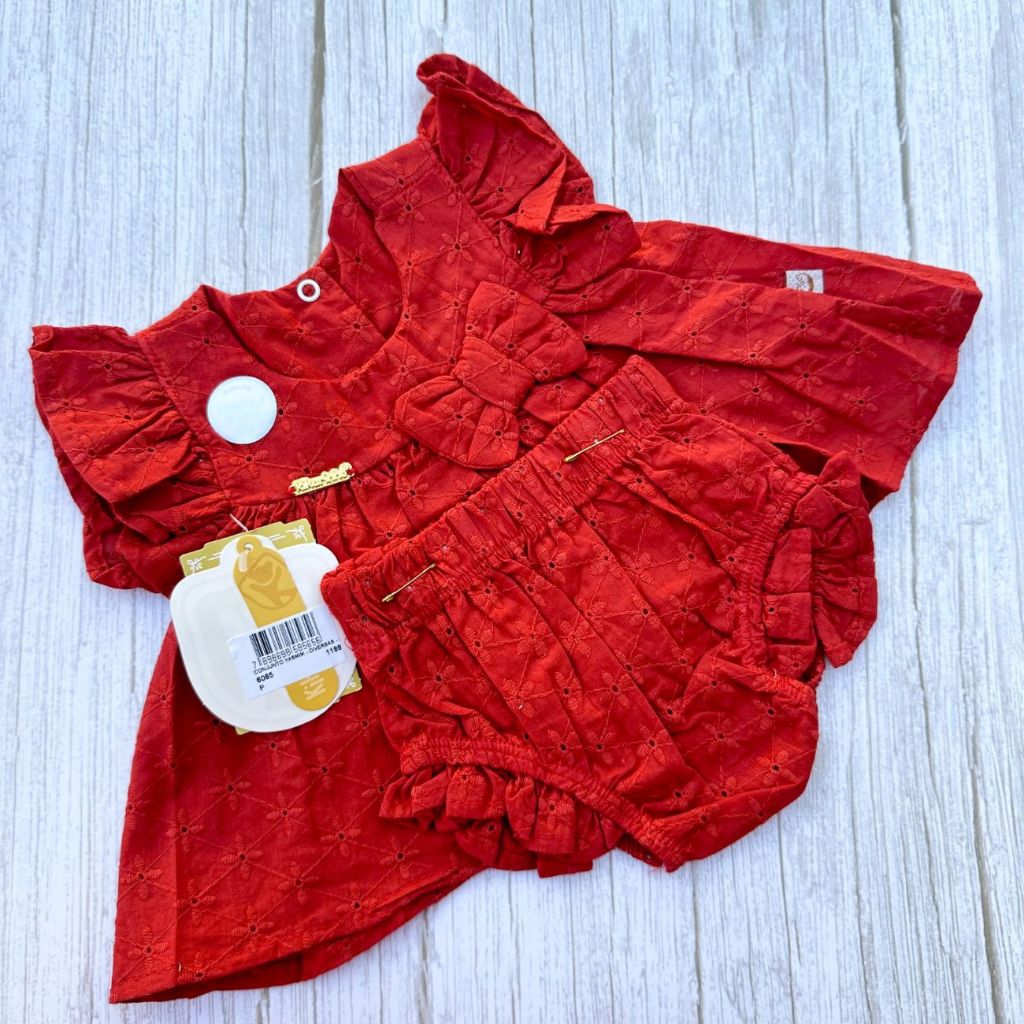 Conjunto Bebe Vestido Batinha + Calcinha Tapa Fralda | Tecido em Linho Bordado | Roupa de Bebê ...