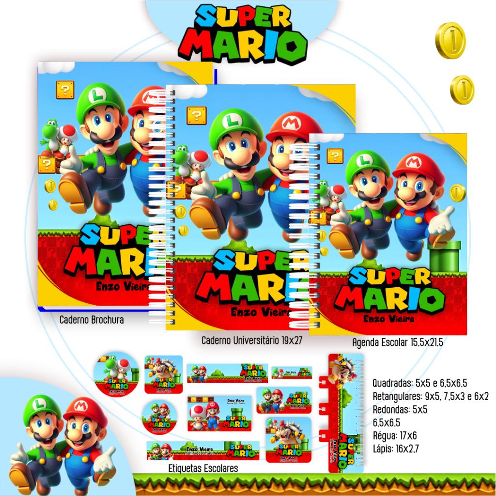 Kit Escolar SUPER MARIO / Agenda Escolar / Caderno de Desenho / Caderno ...
