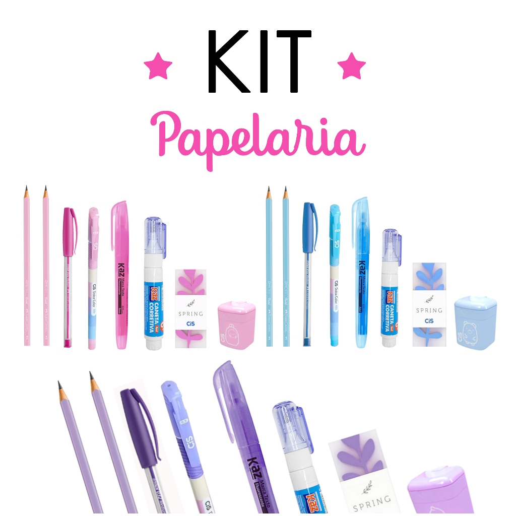 Kit Papelaria Material Escolar Volta as aulas Rosa Roxo Azul Escolha ...