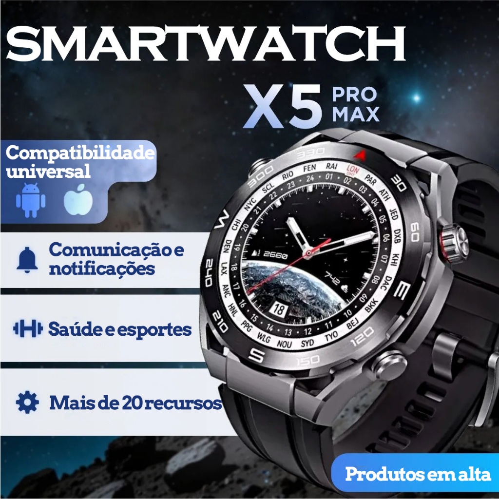 W&O Novo X5 Pro Max SmartWatch Redondo Relógio Inteligente Bluetooth ...