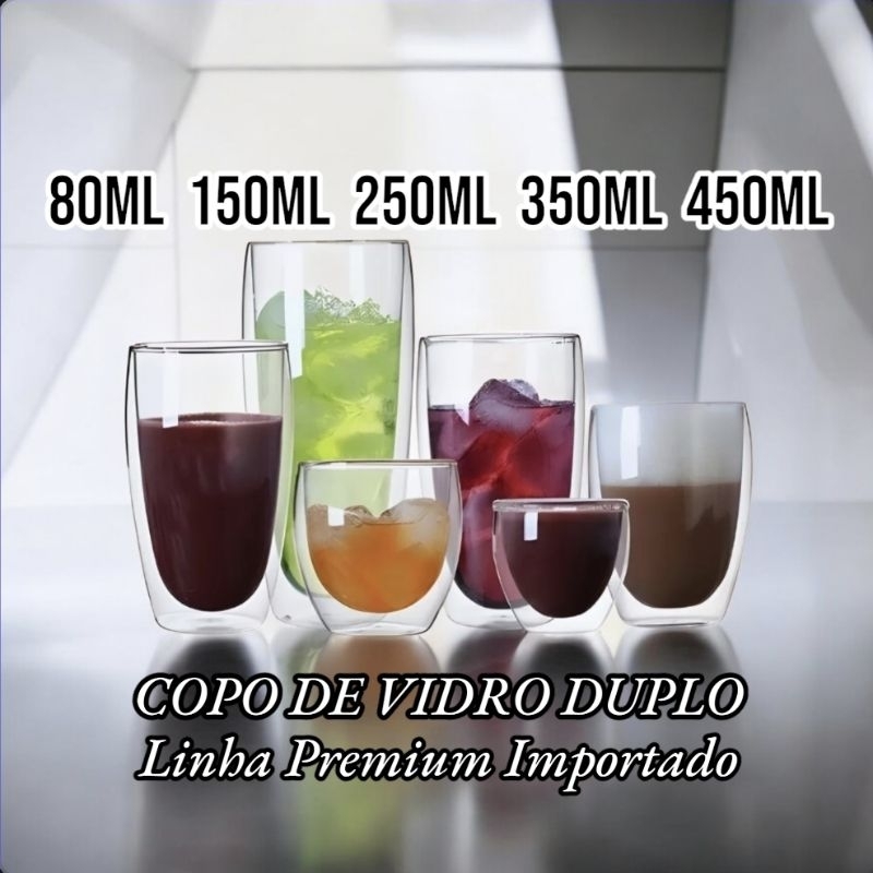 KIT COPOS CAMADA DUPLA de 80, 150, 250, 350 e 450 ml VIDRO ...