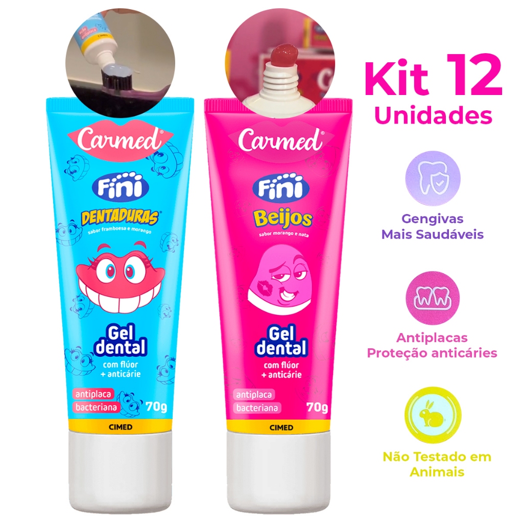 Kit 12 Gel Creme Dental Carmed Fini Beijos Dentadura Minhoca Pasta de ...