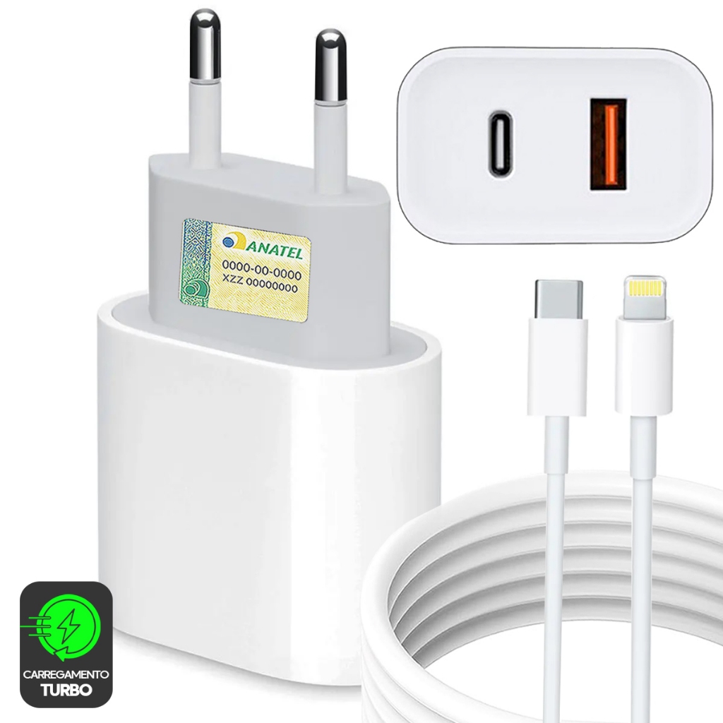 Carregador Iphone Super Turbo Fonte 40W 2 Entradas USB e USB-C + Cabo ...
