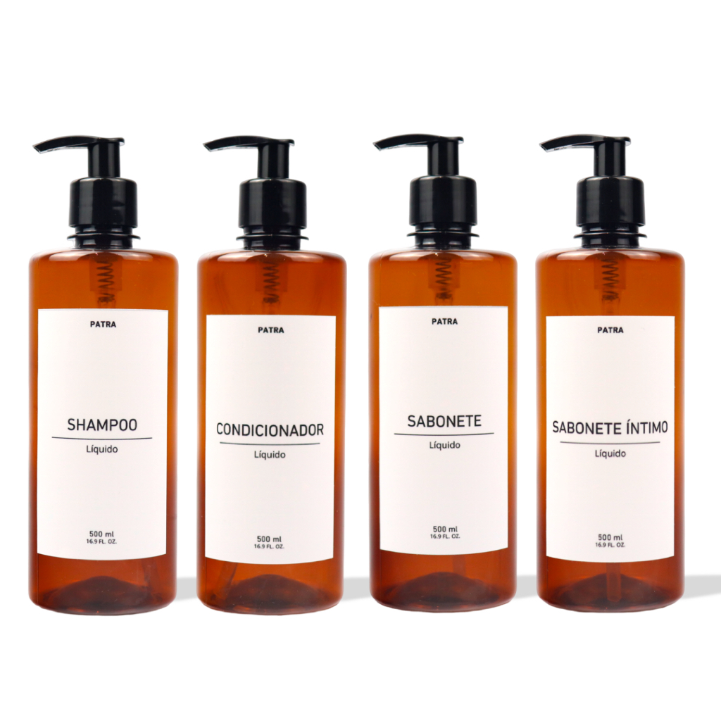 kit Banho Frasco Âmbar 4pçs Shampoo Condicionador Sabonete líquido e ...