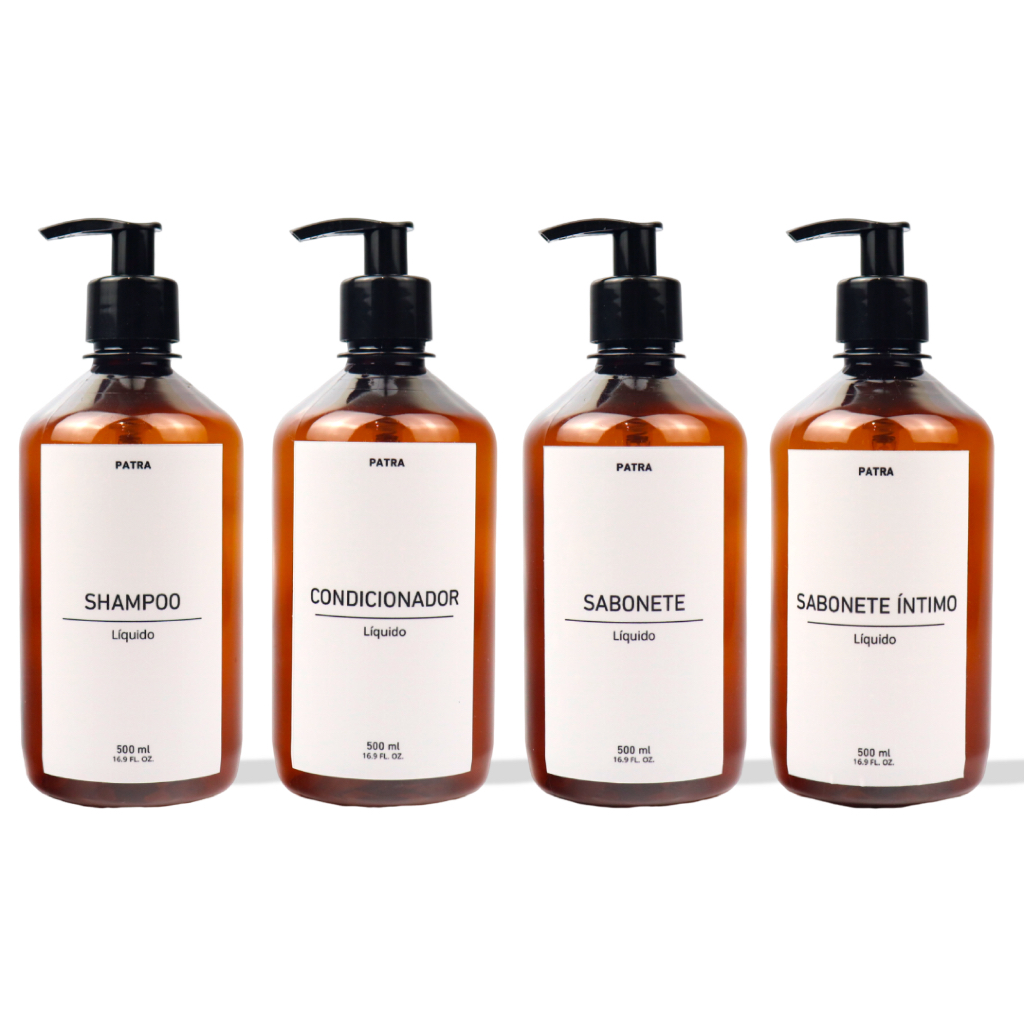 kit Banho Frasco Âmbar 4pçs Shampoo Condicionador Sabonete líquido e ...