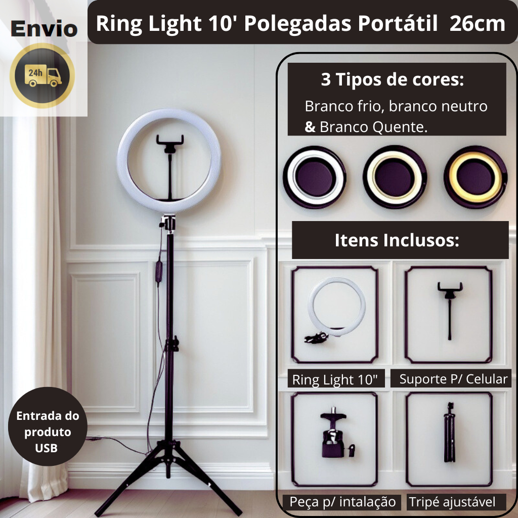 Ring Light 10' Completo Portátil 26cm + Tripé 1,79 + suporte p/ celular. | Shopee Brasil