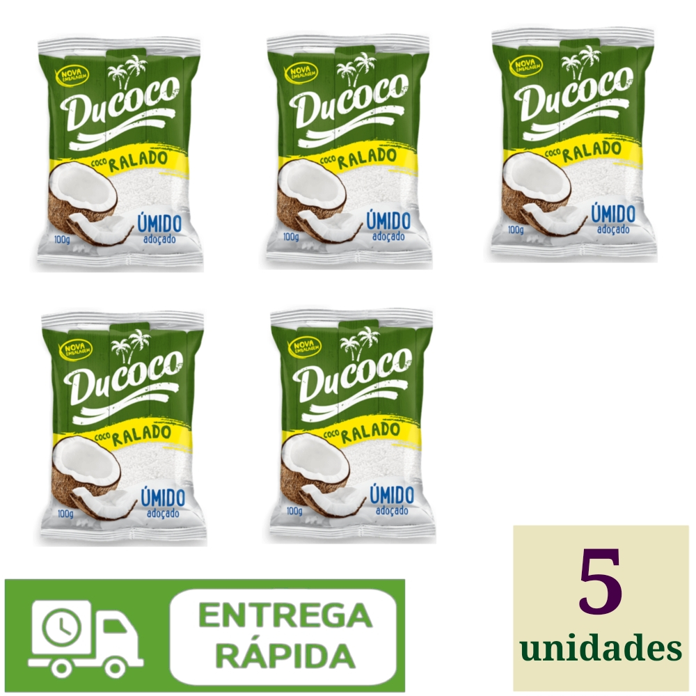 Coco Ralado Ducoco Úmido Adoçado Pacote 100g - 5 UND | Shopee Brasil