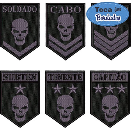 Patch Bordado Divisa Militar com Caveira C/ Fecho de contato Macho 10x7cm Preto - Cód.2531 ...