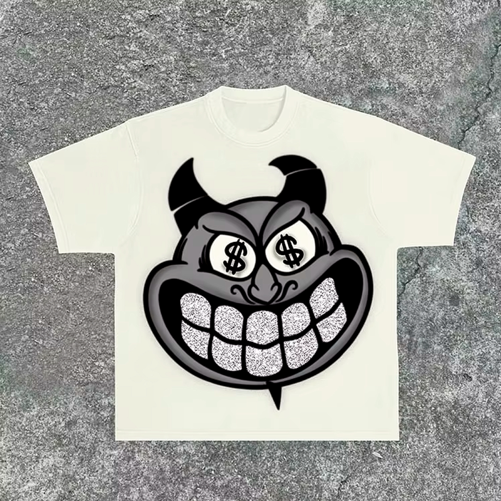 Camiseta Masculina "devil who doesn't work" Y2K Cartoon Malha Peruana ...