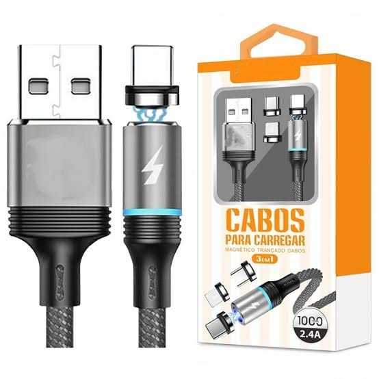 Cabo Carregador Magnético Usb 3 em 1 V8/TIPOC/I0S Carregador Magnético 2.4A 1 metro 3 em 1 V8 ...